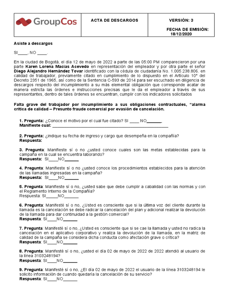 ACTA de DESCARGOS Diego Alejandro Hernández Tovar | PDF