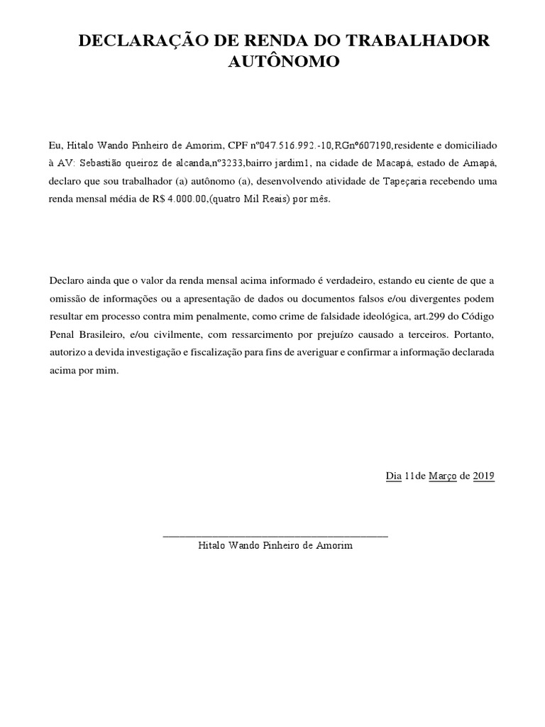 Comprovante Renda Autonomo | PDF Comprovante Renda Autonomo | PDF