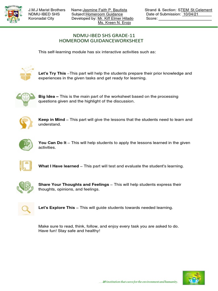 Ndmu-Ibed Shs Grade-11 Homeroom Guidance Worksheet: Let's Try This ...