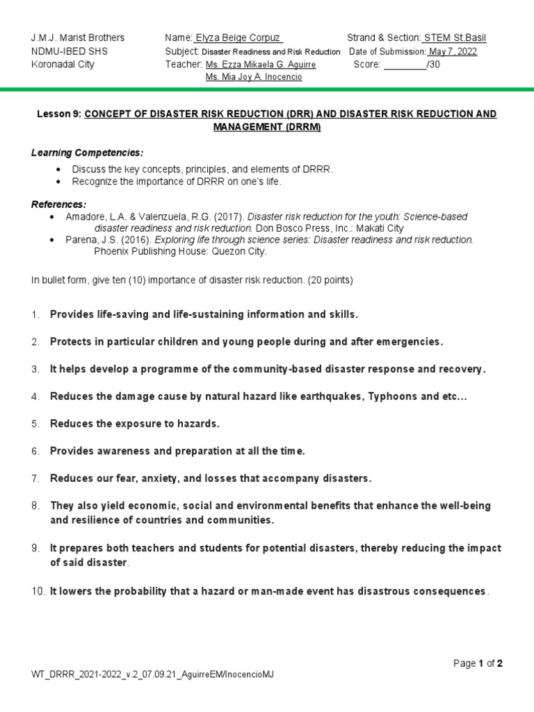Lesson 9. Basic Concept of DRR and DRRM WS | PDF | Disaster Risk Reduction | Risk