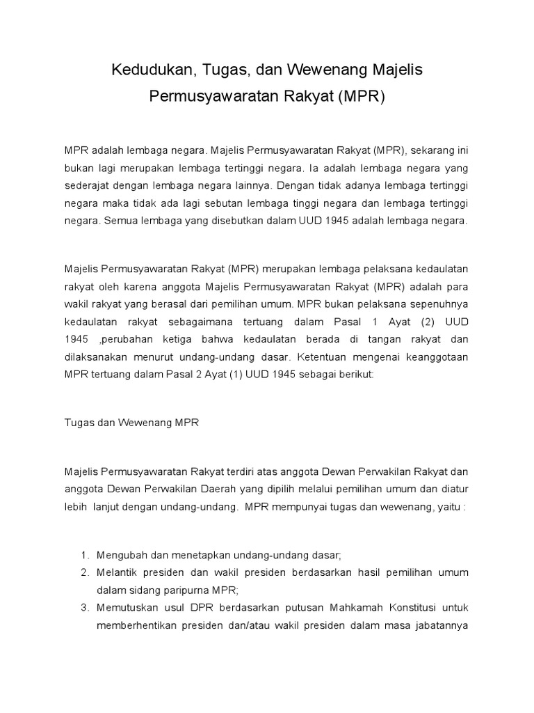 Tugas dan Wewenang Majelis MPR | PDF | Ilmu Sosial | Hukum