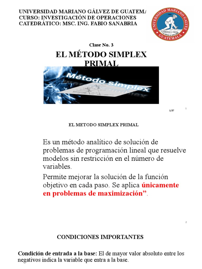 Clase Virtual 3. El Método Simplex Primal | PDF | Programación lineal | Algoritmos