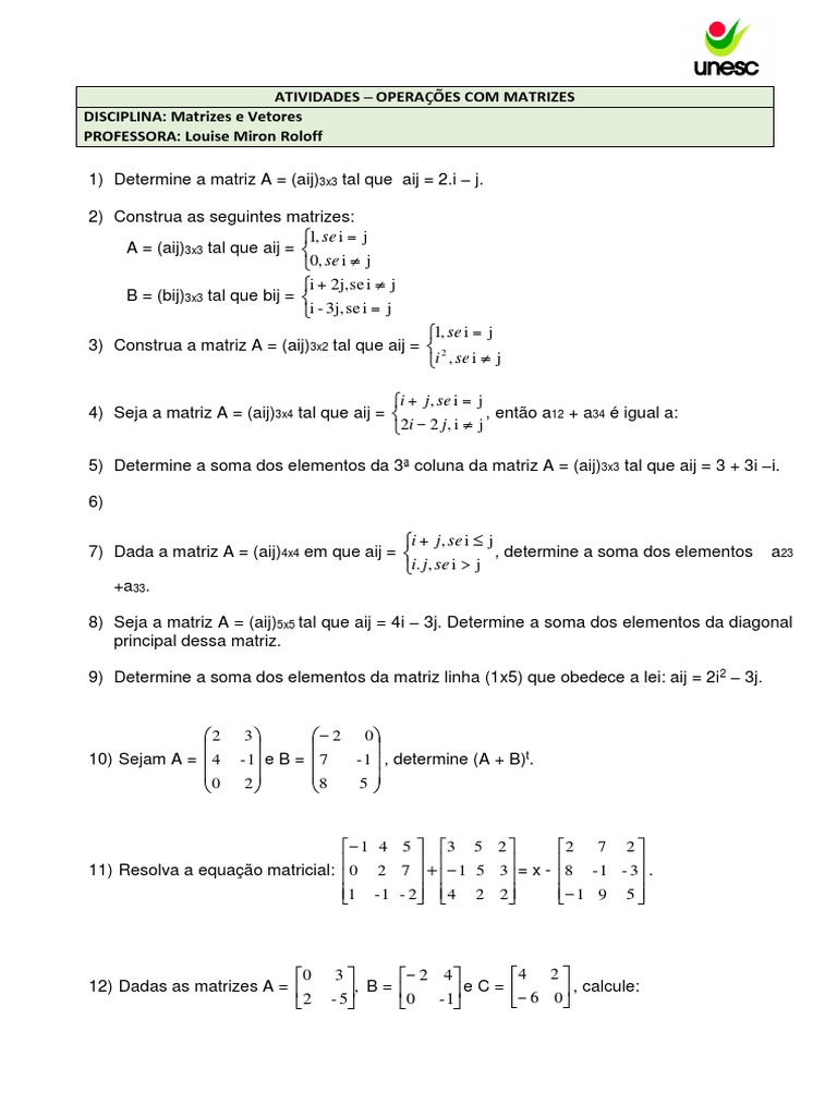 Atividades - Aula 3 - Operações Com Matrizes | PDF | Matriz (Matemática ...