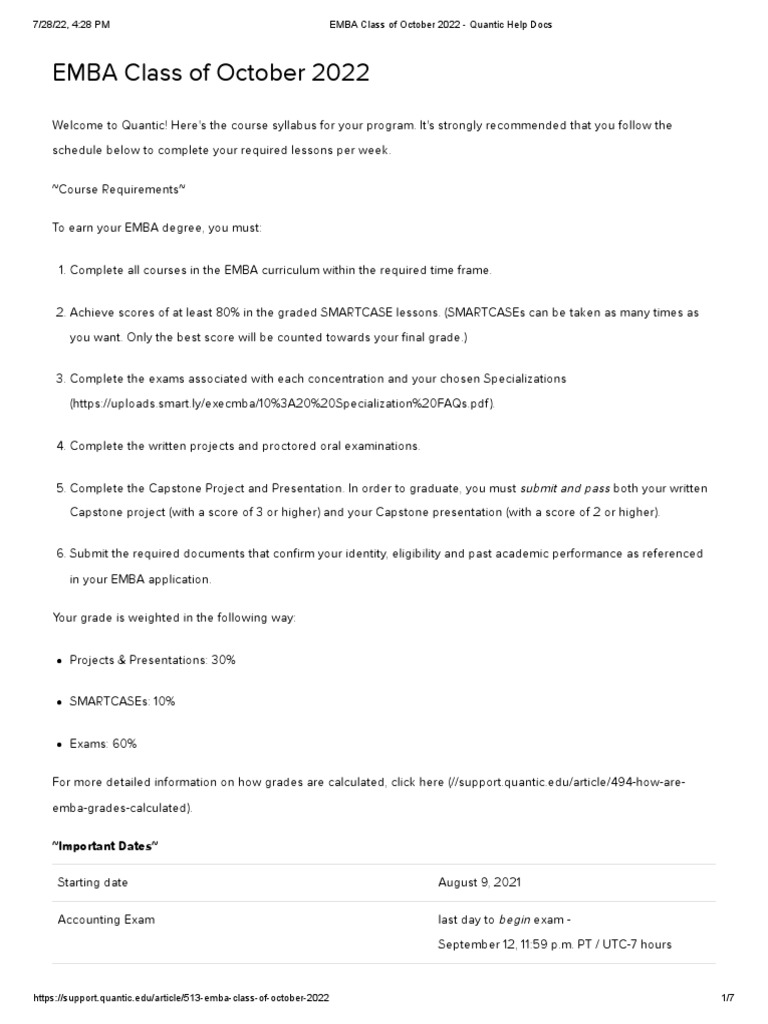 EMBA Class of October 2022 - Quantic Detailed Schedule | PDF | Master ...