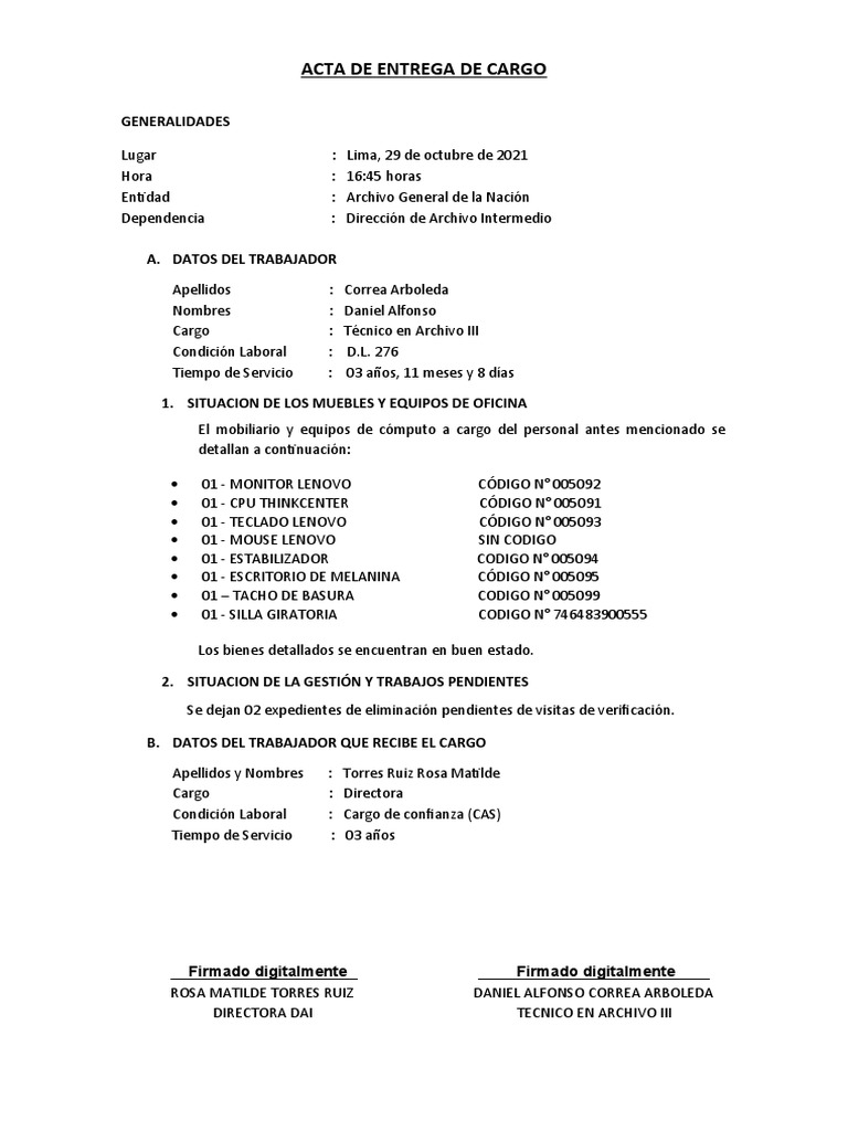 Acta de Entrega de Cargo - Modelo 276 (2020) | PDF