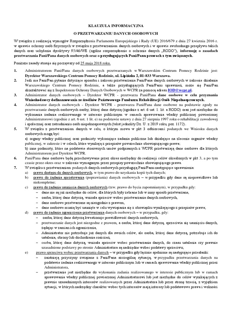Klauzula Informacyjna o Przetwarzaniu Danych Osobowych | PDF