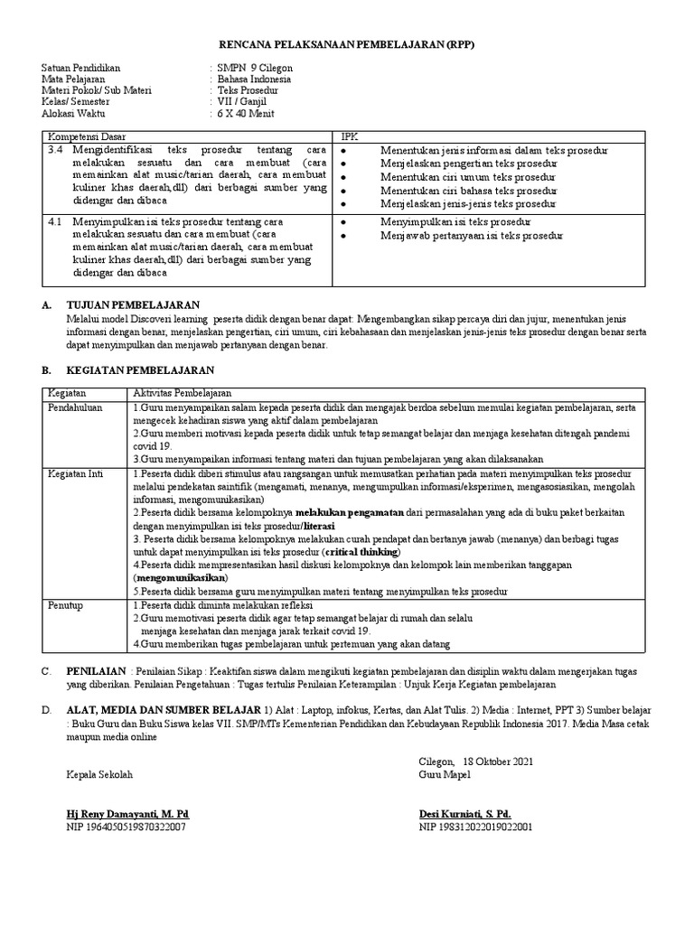 RPP Supervisi Teks Prosedur | PDF | Karier & Perkembangan | Seni & Disiplin Bahasa