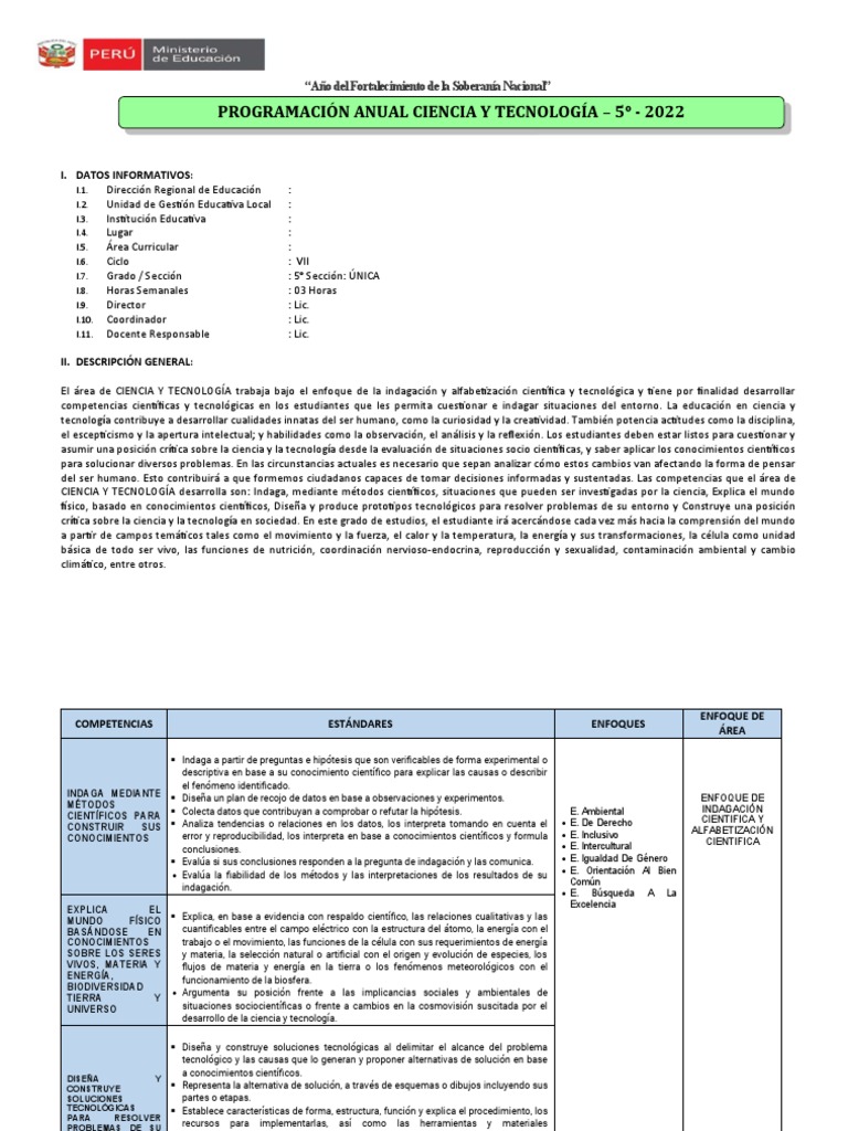 PROGRAMACIÓN ANUAL CYT QUINTO 2022 | PDF | Evaluación | Método de enseñanza