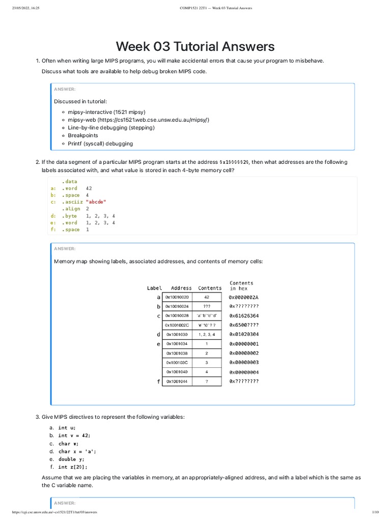 COMP1521 22T1 - Week 03 Tutorial Answers | PDF | Computing | Computer Architecture