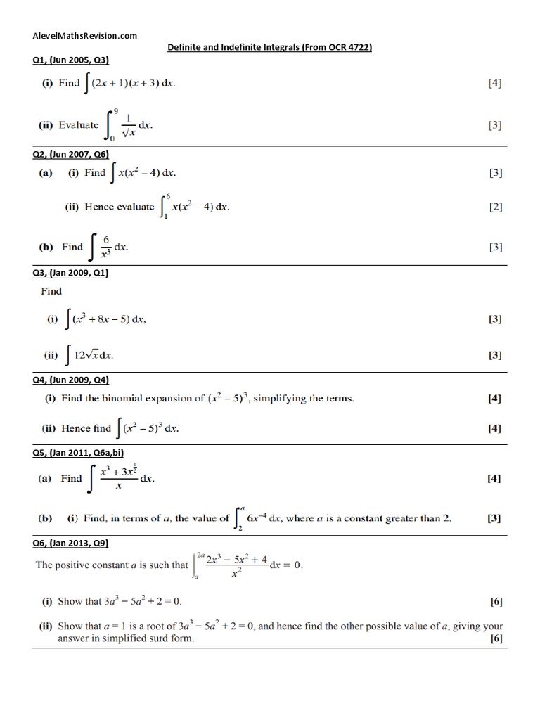 Definite and Indefinite Integrals Exam Questions | PDF
