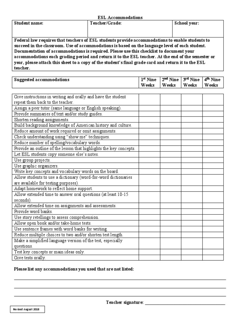 Esl Accommodations-2018 | PDF | English As A Second Or Foreign Language ...