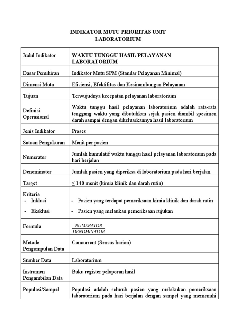 Indikator Mutu Prioritas Unit Laboratorium Waktu Tunggu Hasil Pelayanan Laboratorium | PDF