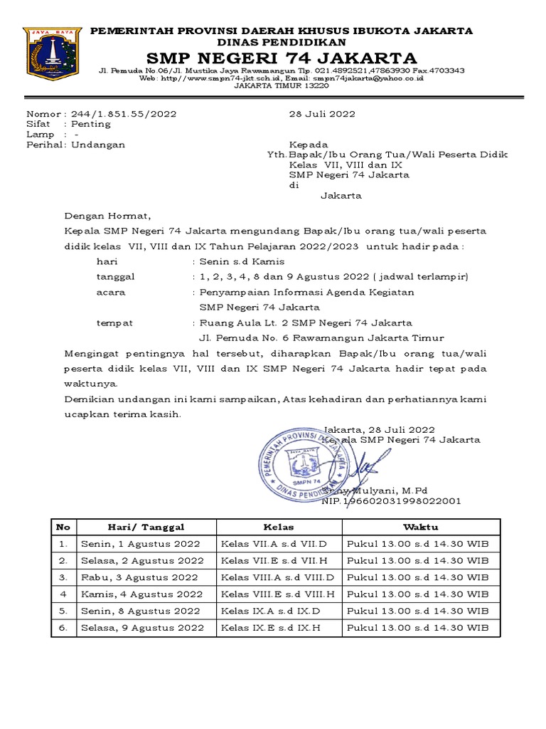 Undangan Orang Tua SMPN 74 Jakarta | PDF
