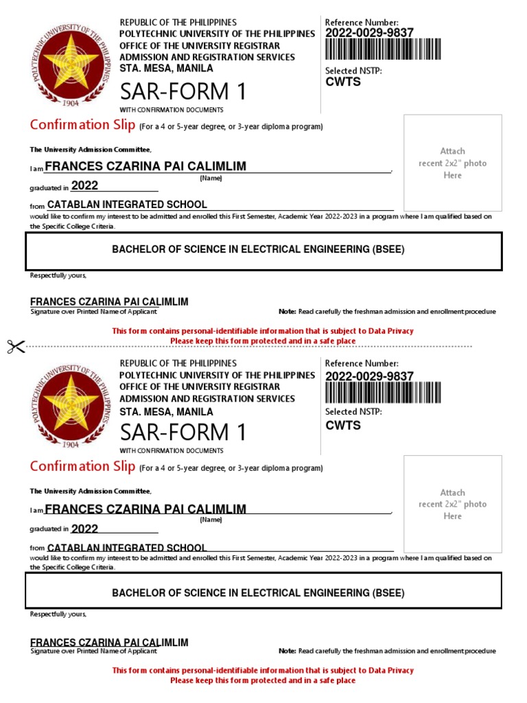 Sar-Form 1: Confirmation Slip | PDF | Notary Public | Academic Degree