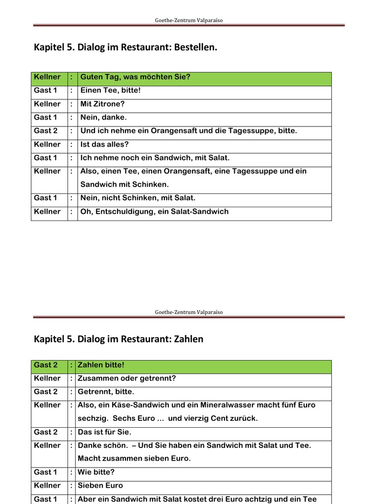 Kapitel 5 Dialoge Im Restaurant | PDF