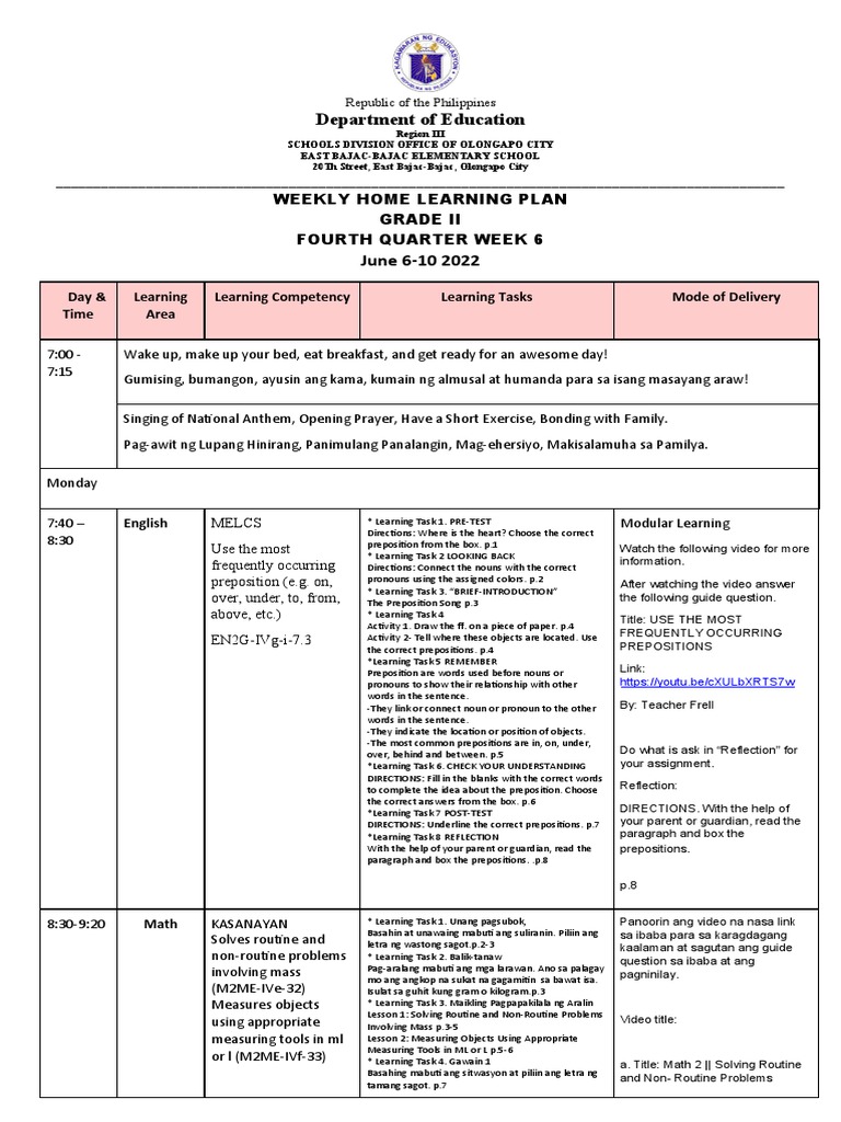 Grade II Weekly Home Learning Plan | PDF | Preposition And Postposition ...