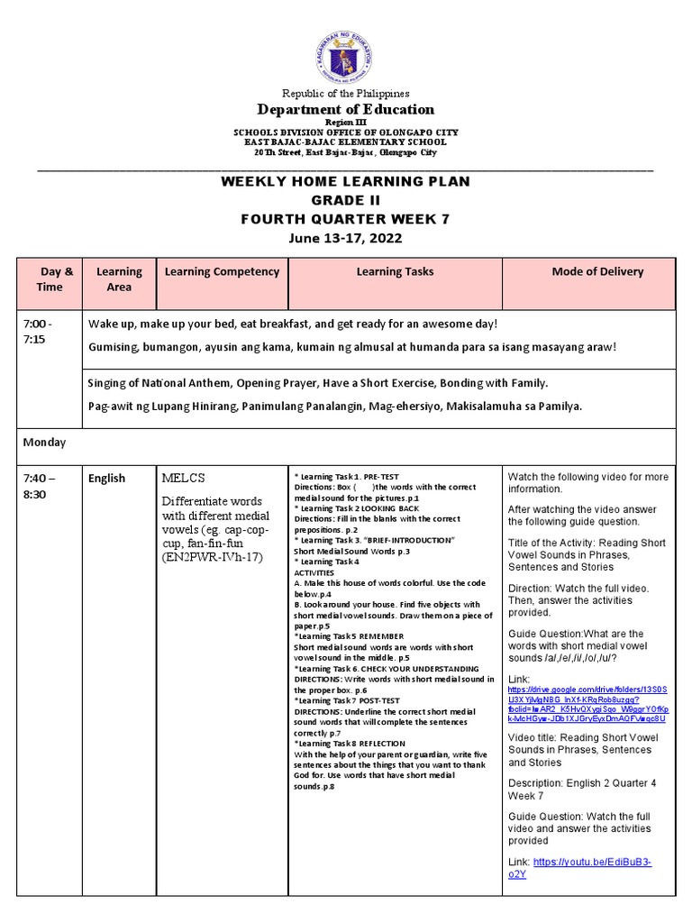Department of Education: Weekly Home Learning Plan Grade Ii Fourth ...