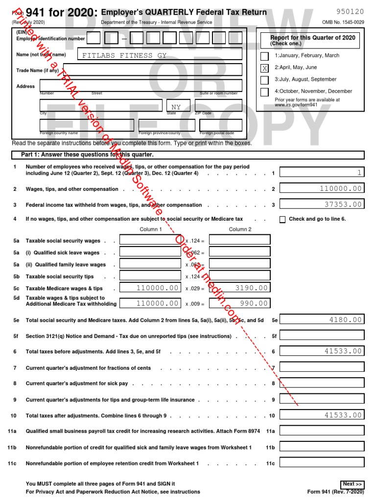 Preview OR File Copy: Employer's QUARTERLY Federal Tax Return | PDF ...
