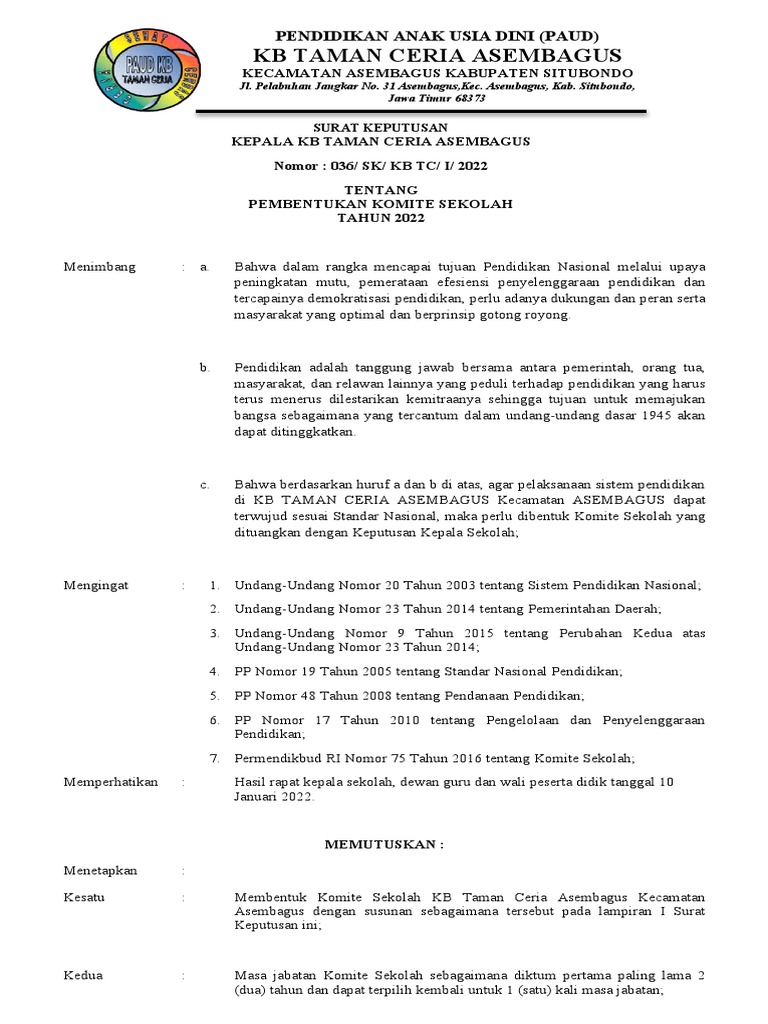 CONTOH SK Komite PAUD | PDF