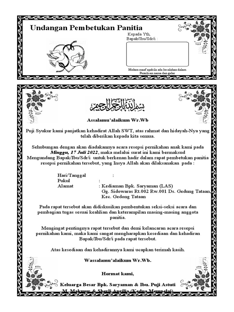 Contoh Surat Undangan Rapat Panitia Pernikahan | PDF