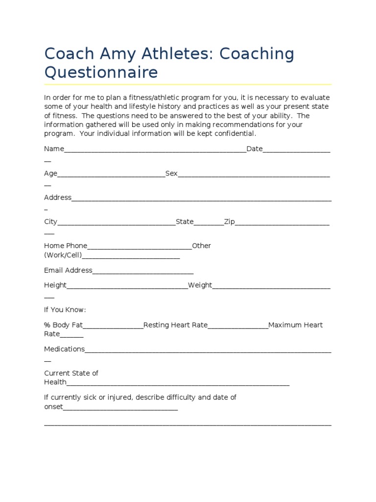 Athlete Coaching Questionnaire Form | PDF