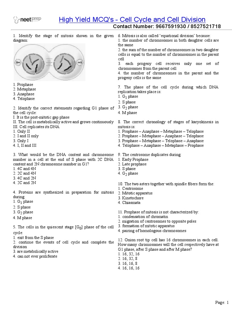 Cell Cycle and Cell Division High Yield MCQs For NEET 2022 Revision ...