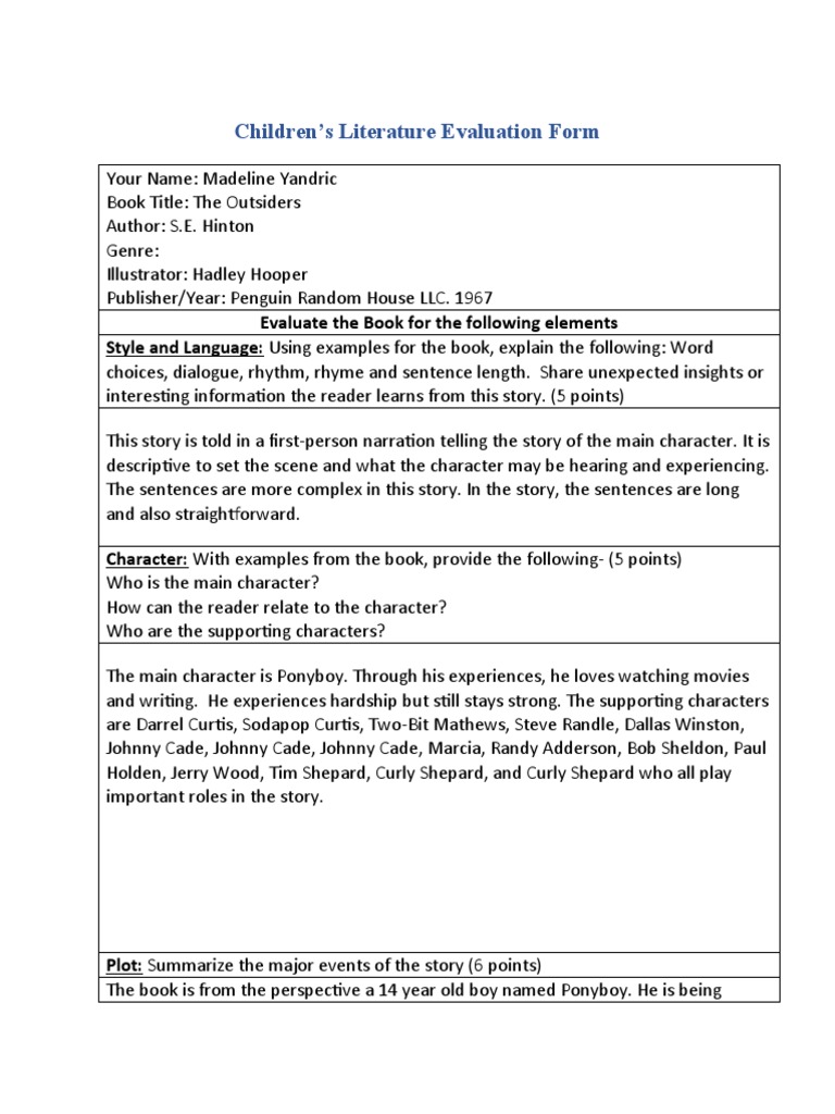 Children Literature Evaluation Form Contemporary Realistic Fiction ...