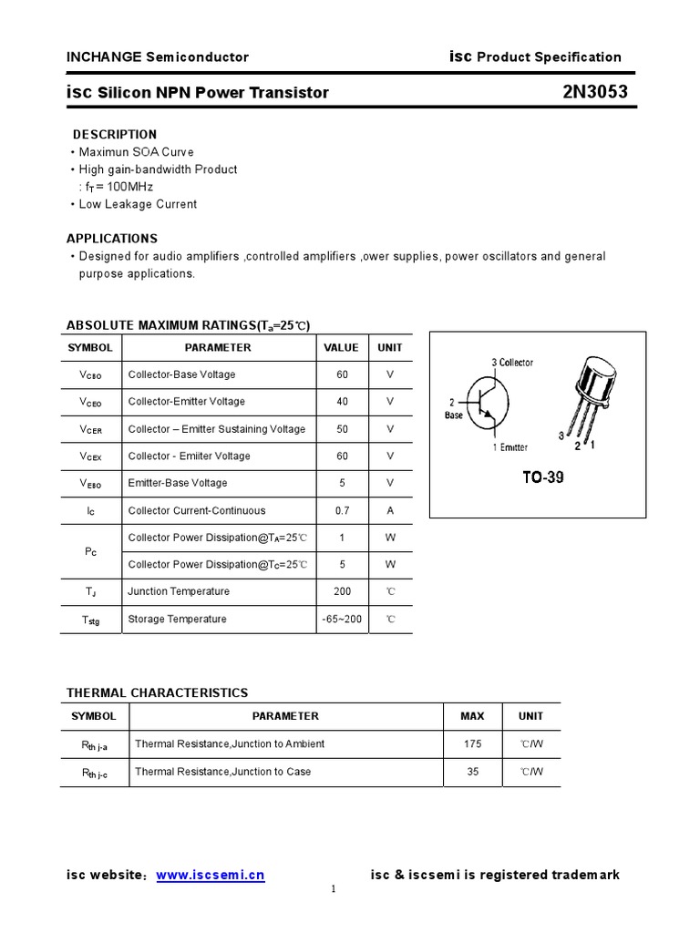 Isc 2N3053: Isc Silicon NPN Power Transistor | PDF | Bipolar Junction ...