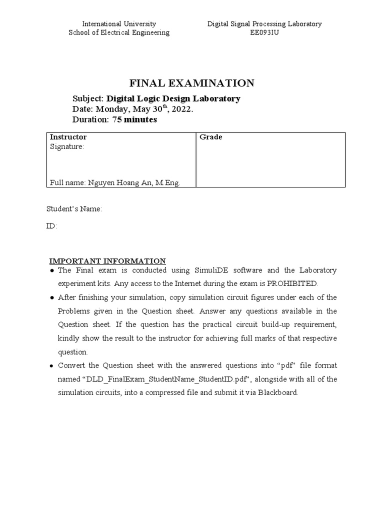 DLD Lab FinalExam Section1 | PDF | Test (Assessment) | Computing