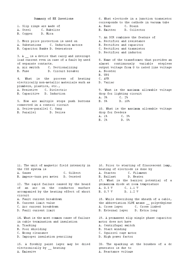Summary of EE Questions | PDF | Electric Motor | Inductor