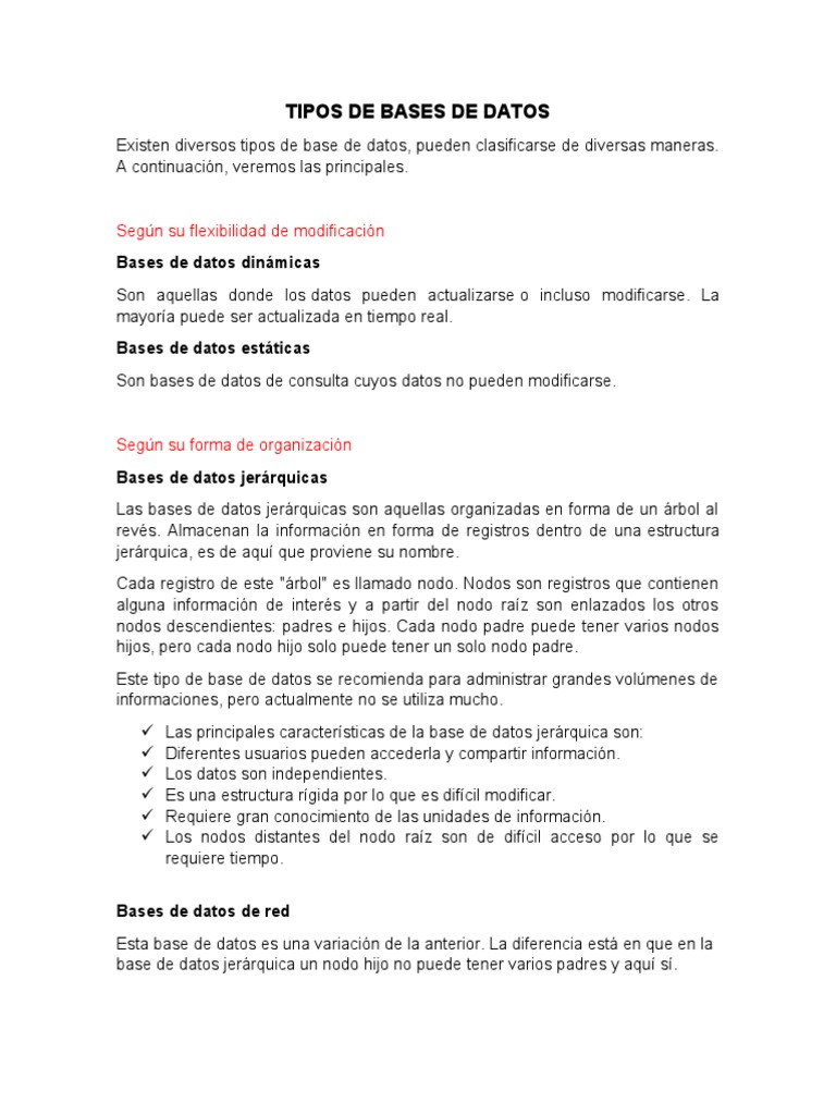 Tipos de Bases de Datos | PDF | Bases de datos | Gestión de datos