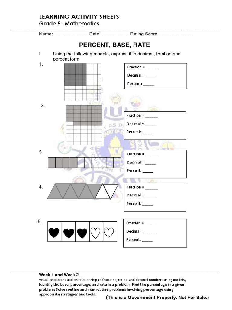3 MATH5 LAS1 Q3 Percent, Base, Rate WEEKS 1-2 | PDF | Percentage | Decimal