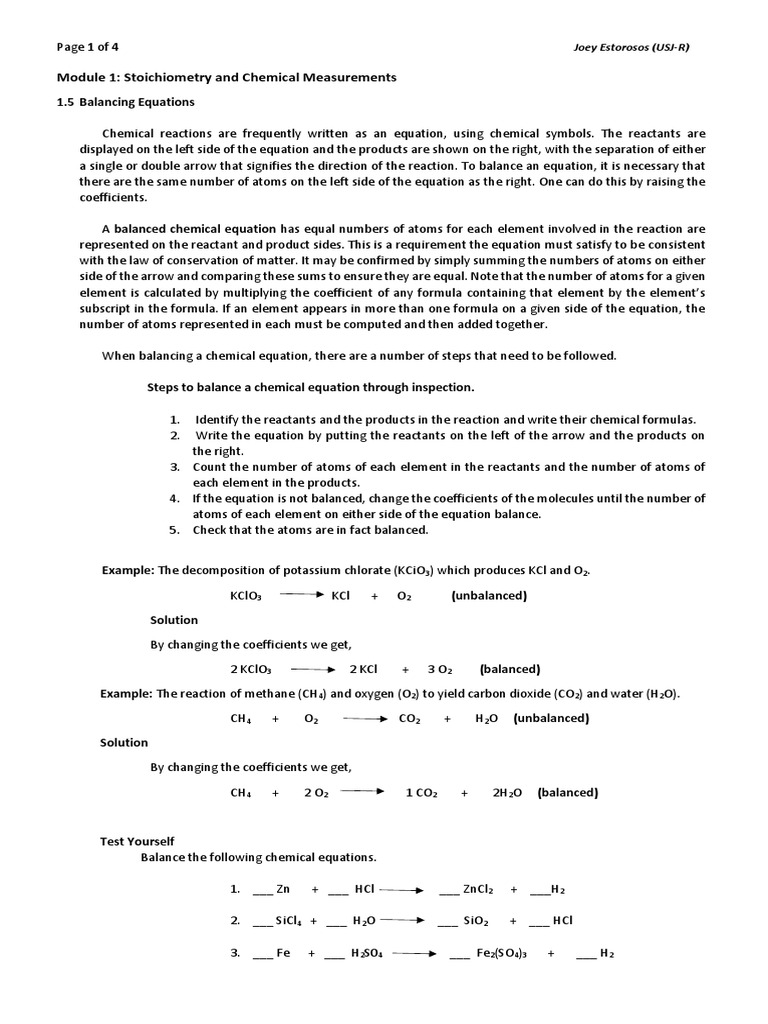 Balancing Equations and Stoichiometric Calculations | PDF ...