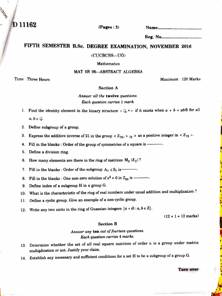 Abstract Algebra 2016 | PDF | Group (Mathematics) | Ring (Mathematics)