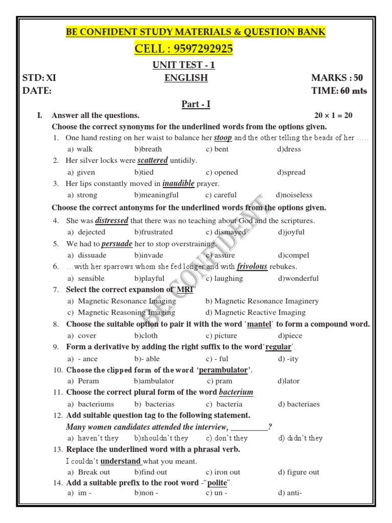 Class 11 English Unit Test 1 Paper | PDF | Linguistics | Linguistic ...