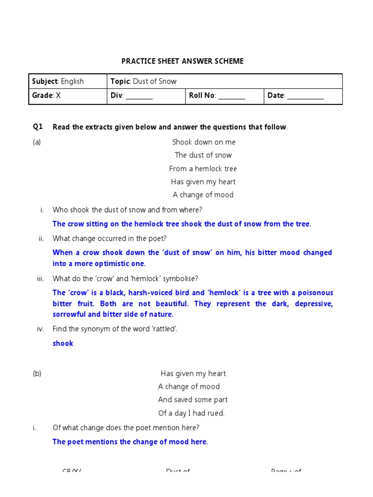 Practice Sheet Answer Scheme Subject: English Topic: Dust of Snow Grade ...