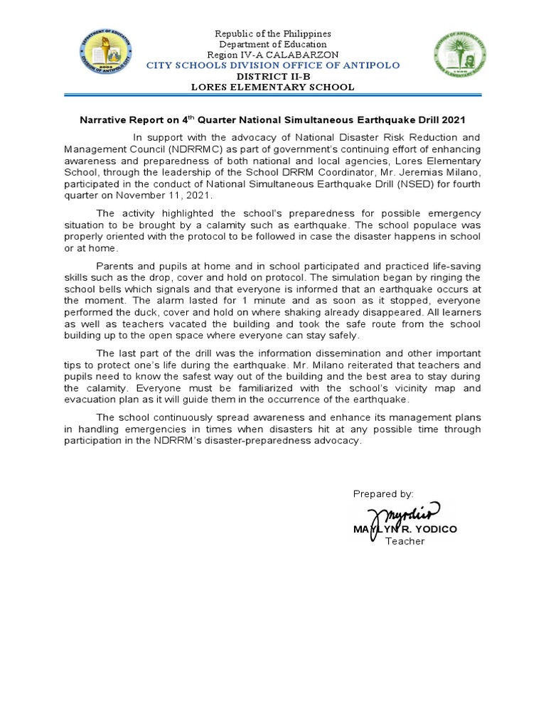 Narrative Report On 1st and 4th Quarter NSED 2021 2022 | PDF | Emergency Management | Earthquakes