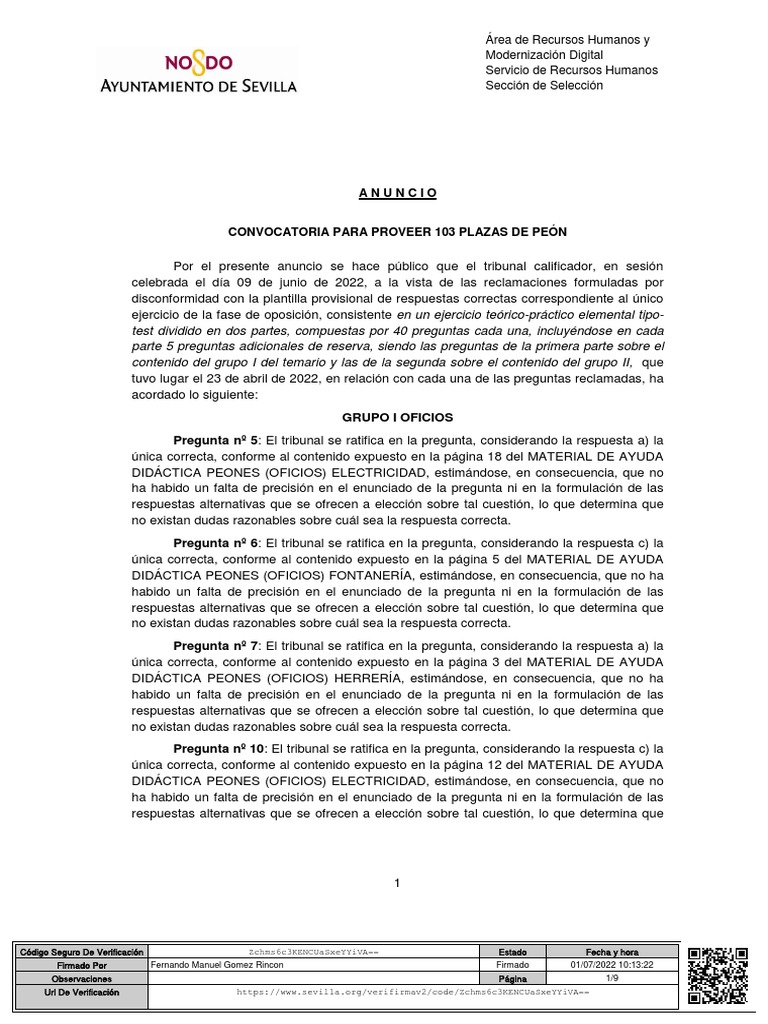 19 Anuncio Plantillas Definitivas Ejercicio Teorico Practico Turno Libre y Discapacidad | PDF
