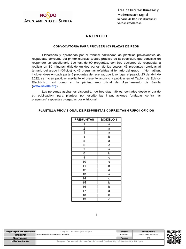 16 Anuncio Plantillas Provisionales Ejercicio Teorico Practico Turno Libre y Discapacidad | PDF