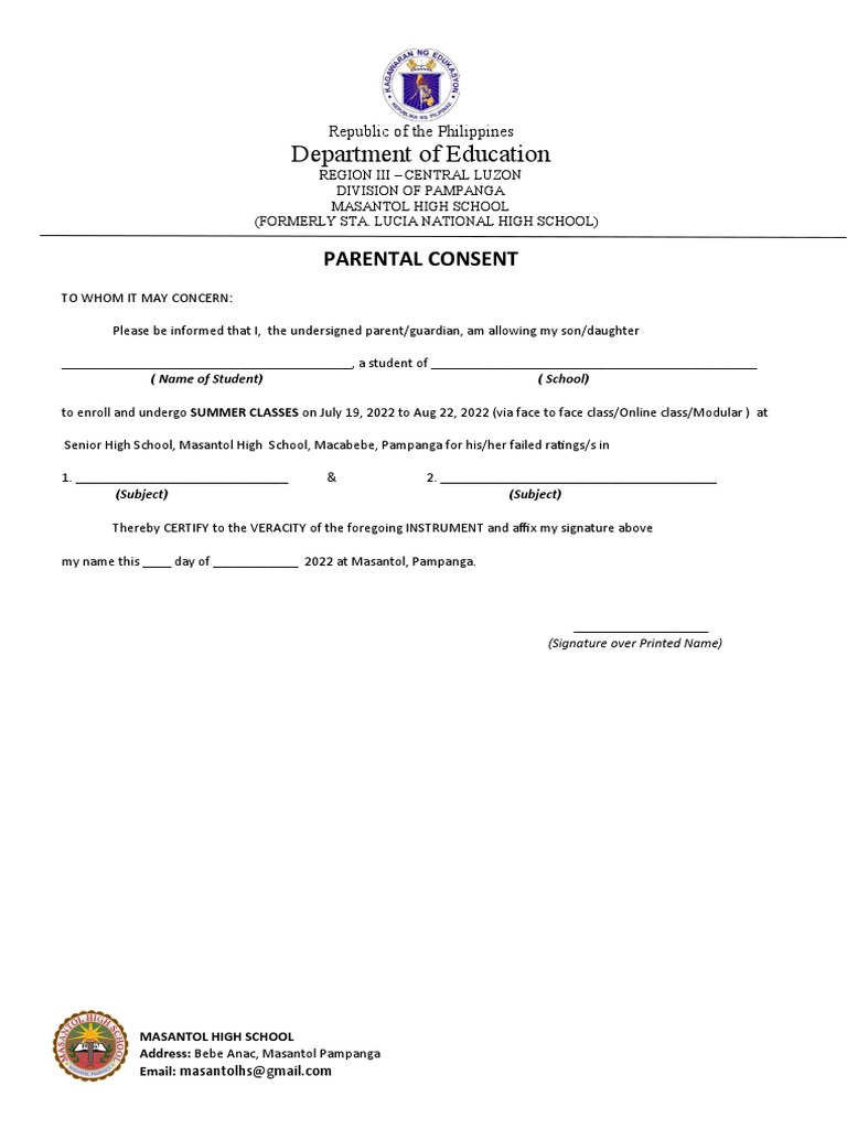 Parental Consent for Summer Classes | PDF | Written Communication