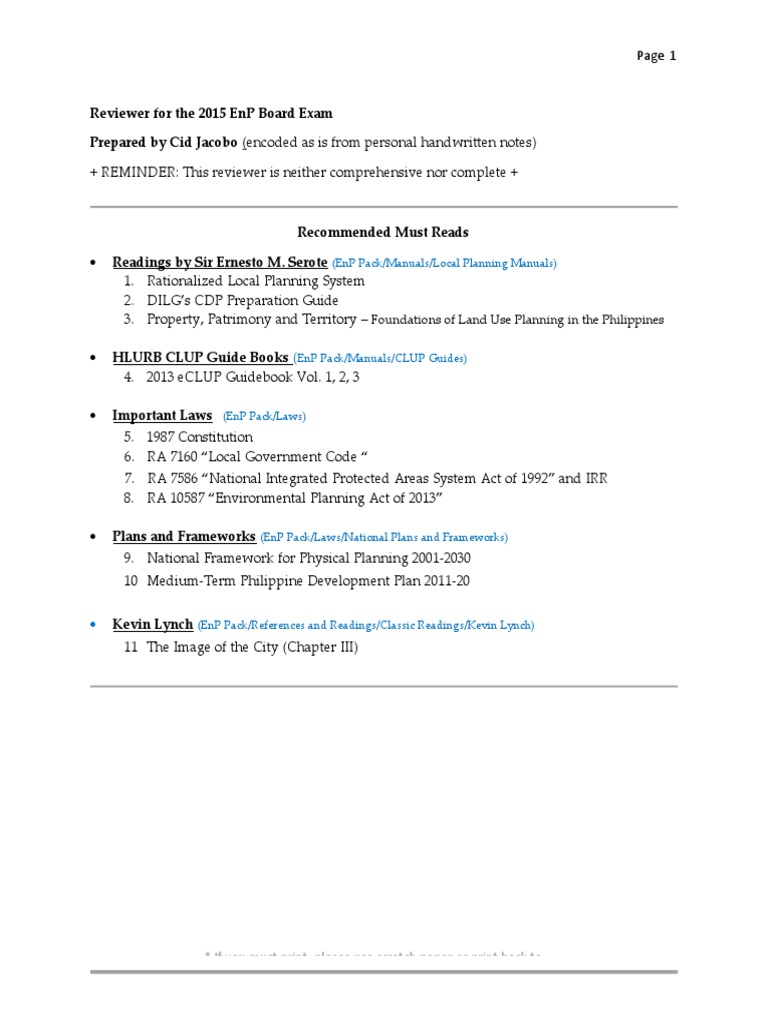 Reviewer For The 2015 Enp Board Exam Prepared by Cid Jacobo (Encoded As ...