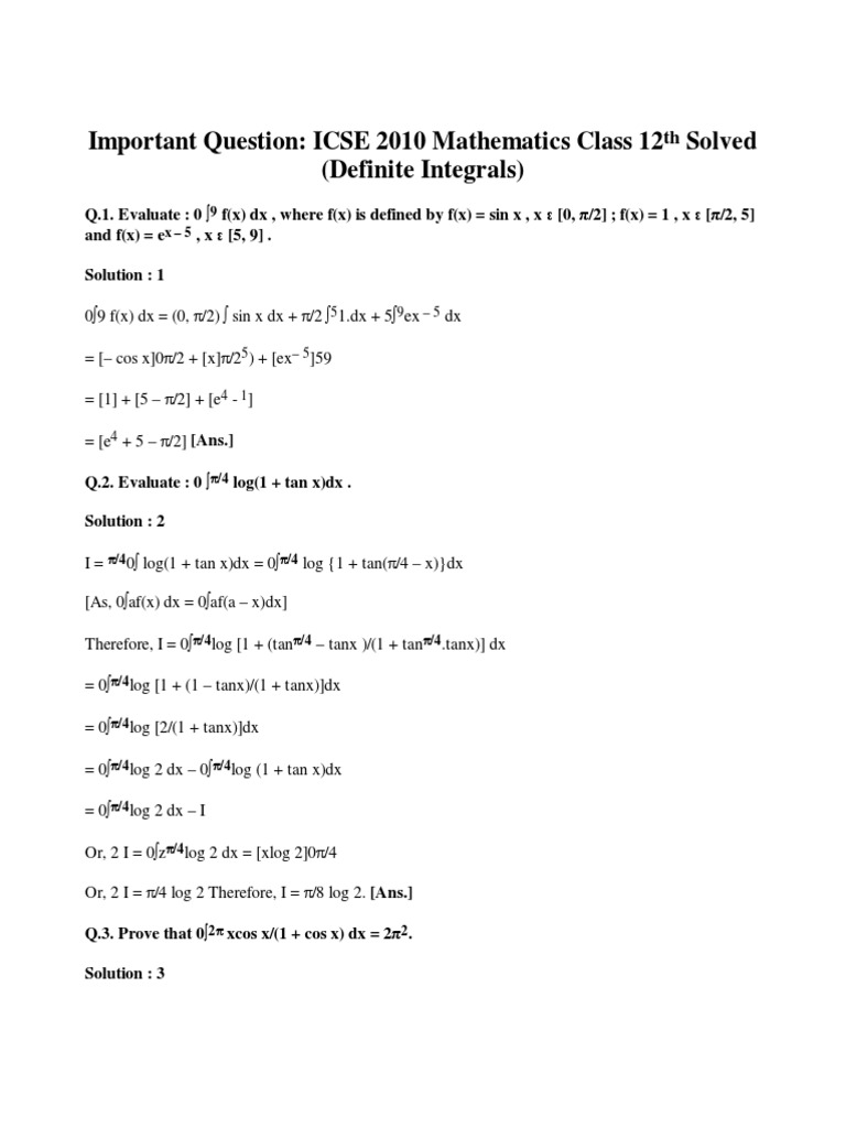 Important Question: ICSE 2010 Mathematics Class 12 Solved (Definite Integrals) | PDF ...