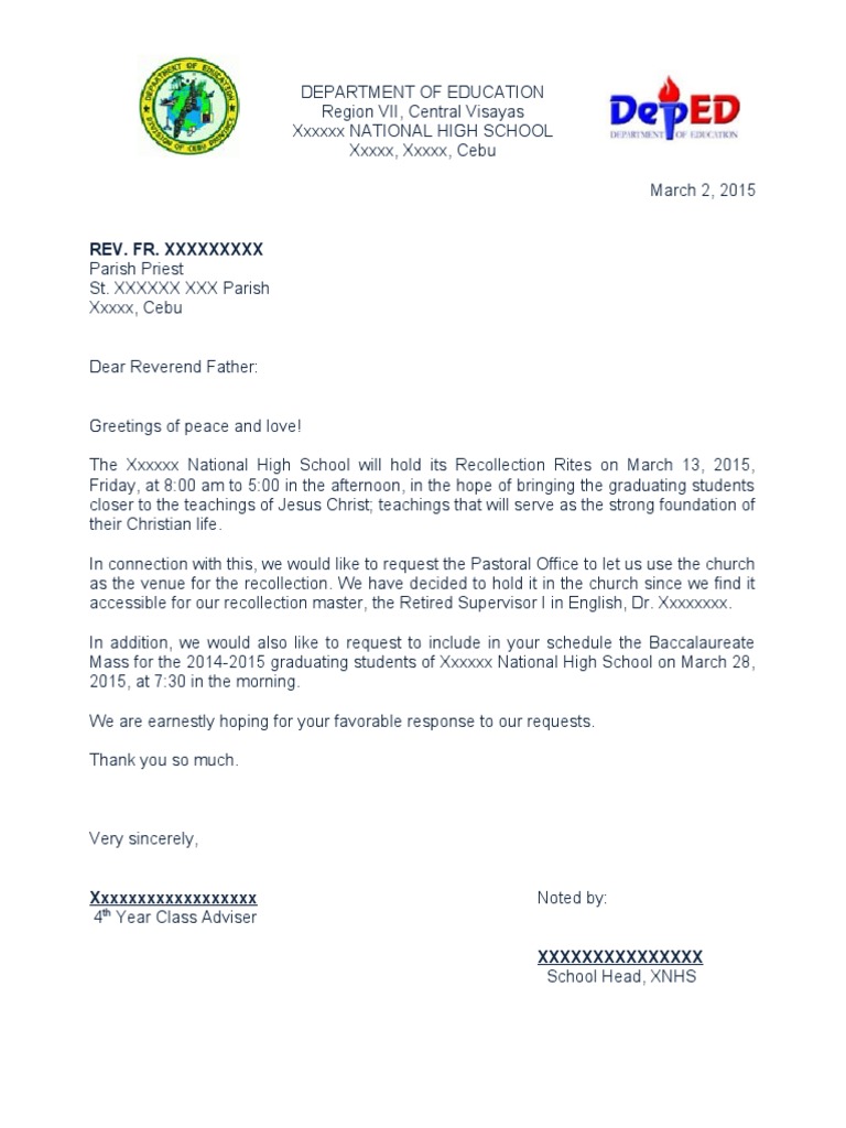 Letter Request - Recollection and Baccalaureate Mass | PDF