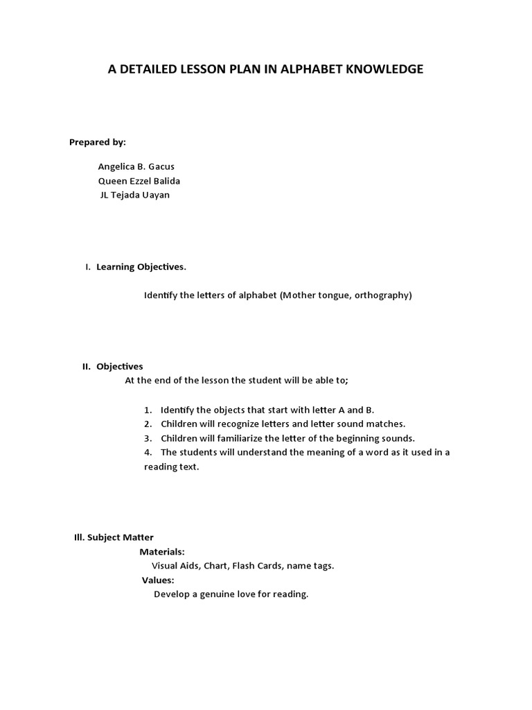 Detailed Alphabet Lesson Plan for Kids | PDF | Flashcard | Cognition