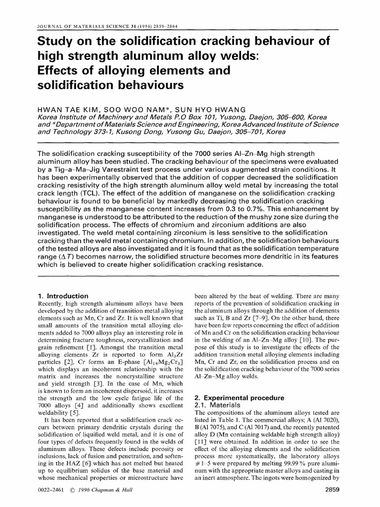 Effects Of Alloying Elements On Solidification Cracking In Aluminum Alloy Welds Pdf