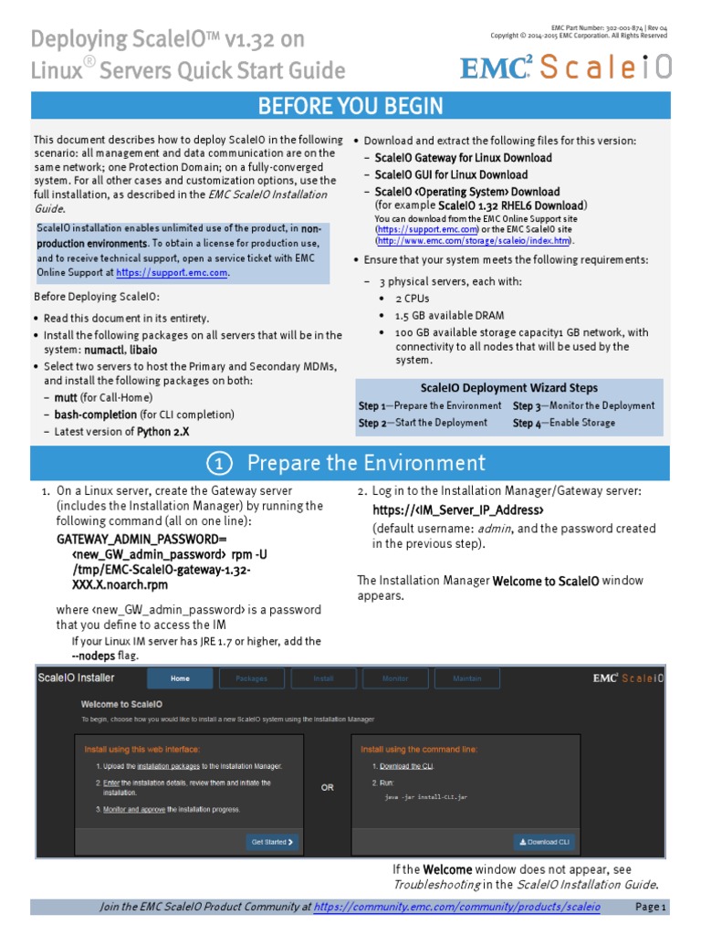 Before You Begin: Deploying Scaleio V1.32 On Linux Servers Quick Start Guide | PDF | Linux ...
