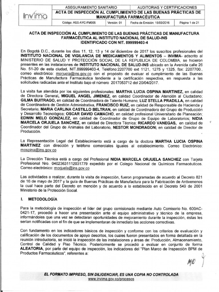 Acta de Inspección Invima Completa | PDF
