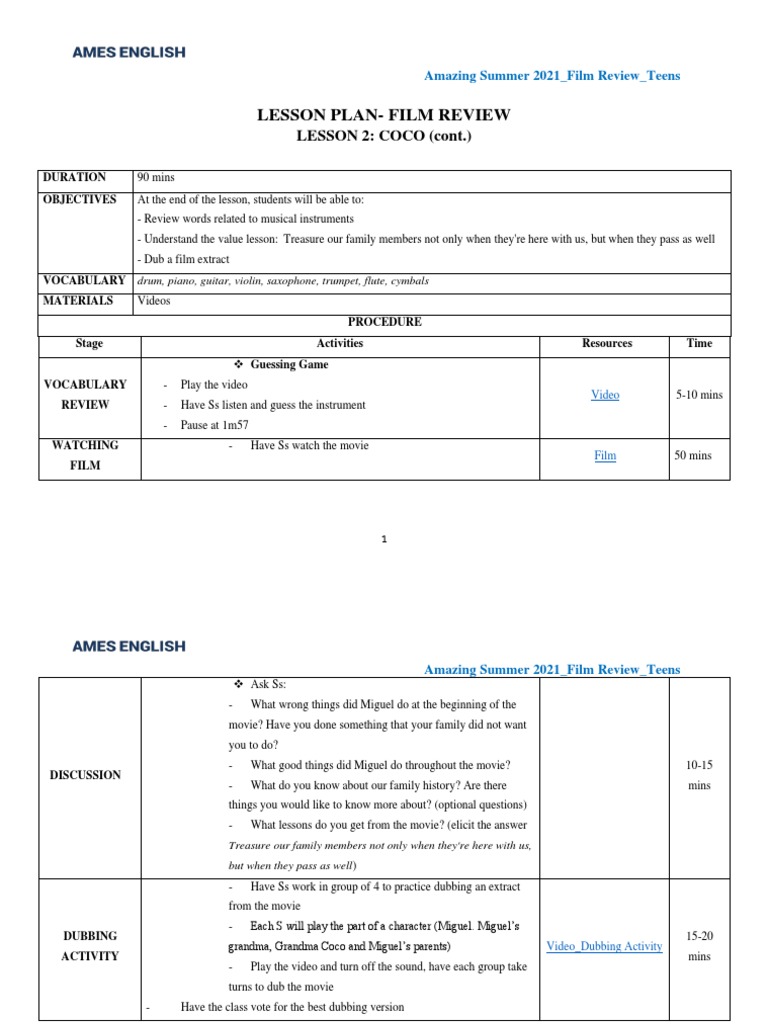 Teens - Film Review - Lesson Plan Lesson 2 - Coco | PDF | Musical ...