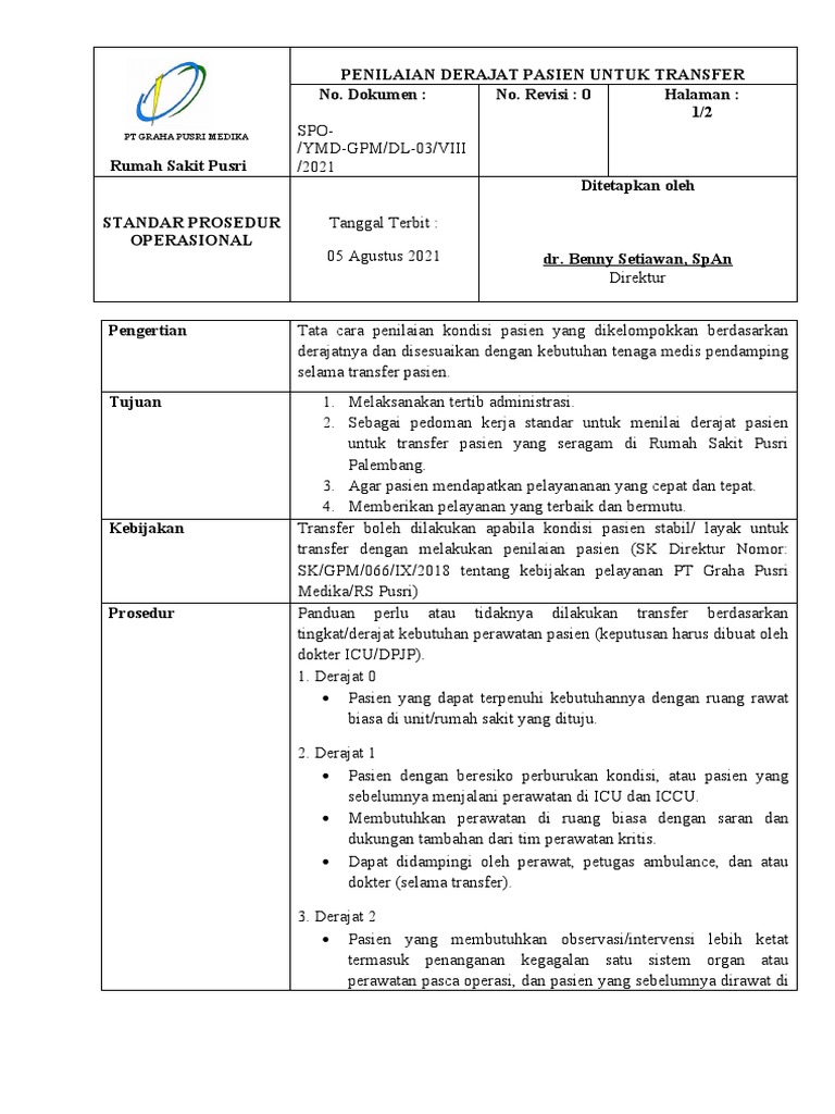 SPO PENILAIAN DERAJAT PASIEN UNTUK TRANSFER Fix | PDF