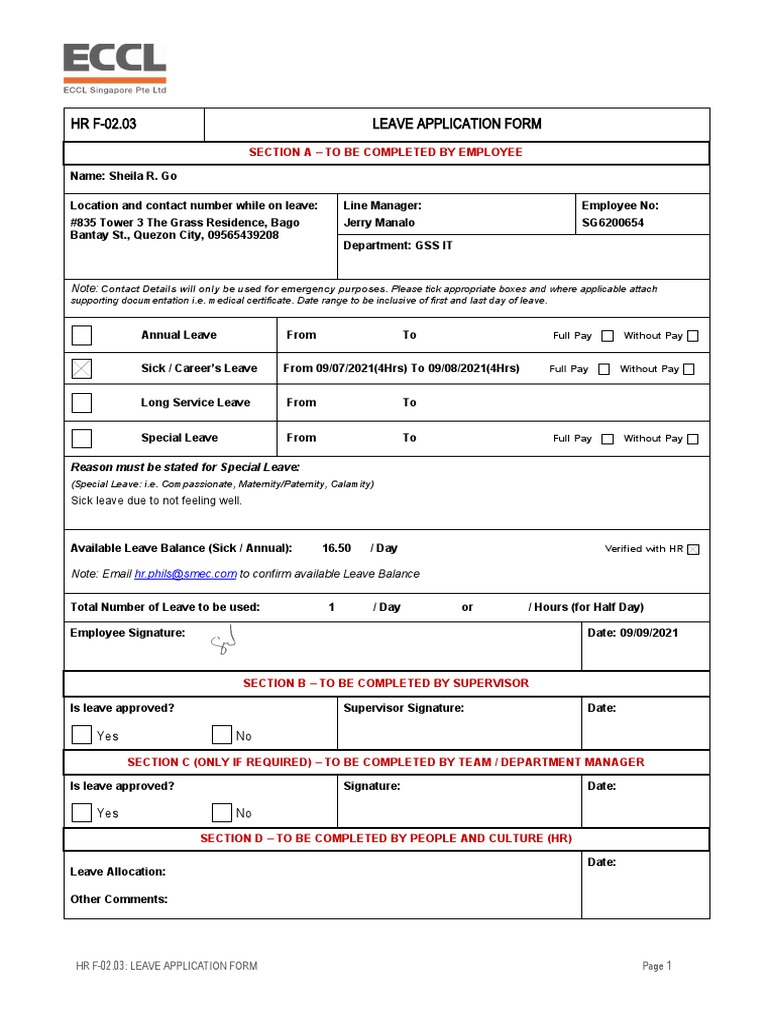 HR F-02.03 Leave Application Form: Section A - To Be Completed by ...